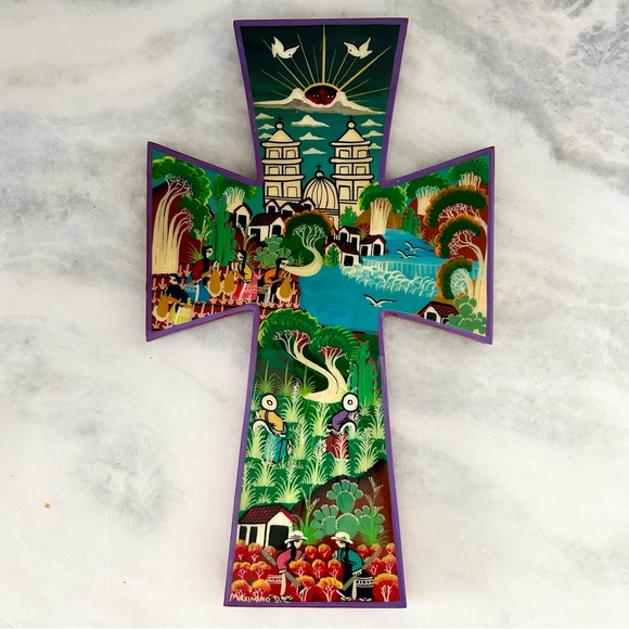 Art | Mexican Folk Art Village Scene Handpainted Lacquered Wooden Pine ...
